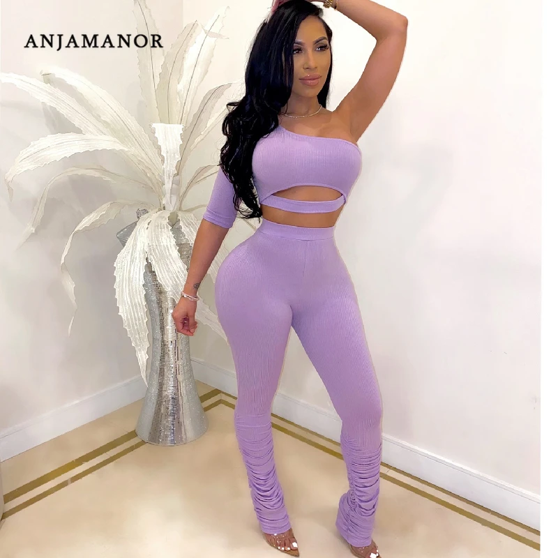 Anjamanor Ribbed Knit Two Piece Set Women One Shoulder Crop Top Ruched