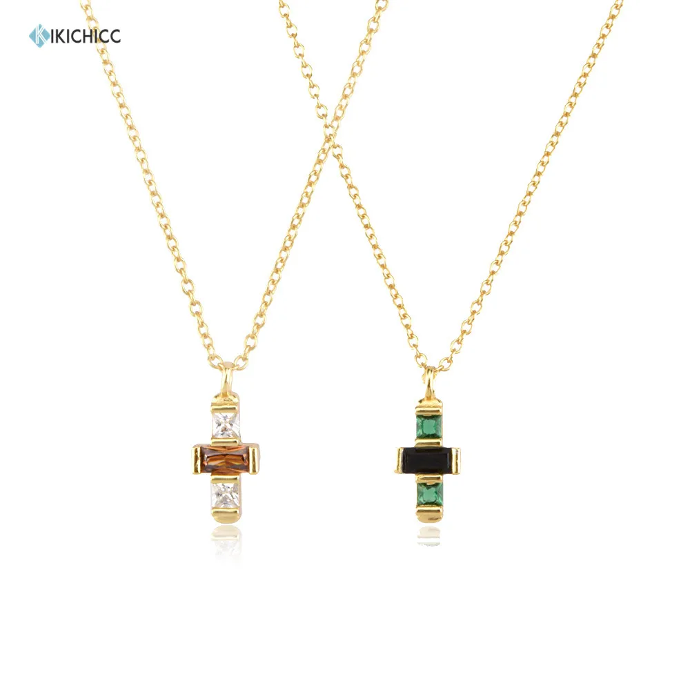 KIKICHICC 925 Sterling Silver Gold Small Green Cross Pendant Long Chain ...
