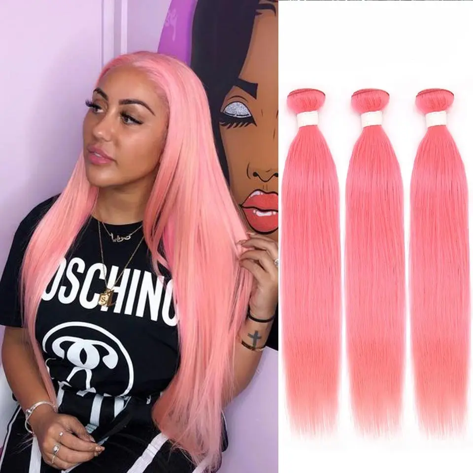 BEAUDIVA Pré Colorido Tecer Cabelo Humano Em Linha Reta Cor Rosa 3 ...