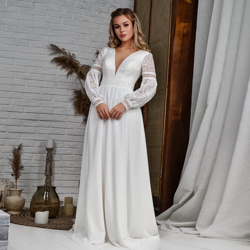 2021 Plus Size Lace Chiffon Wedding Dress Modest A Line Bohemian ...