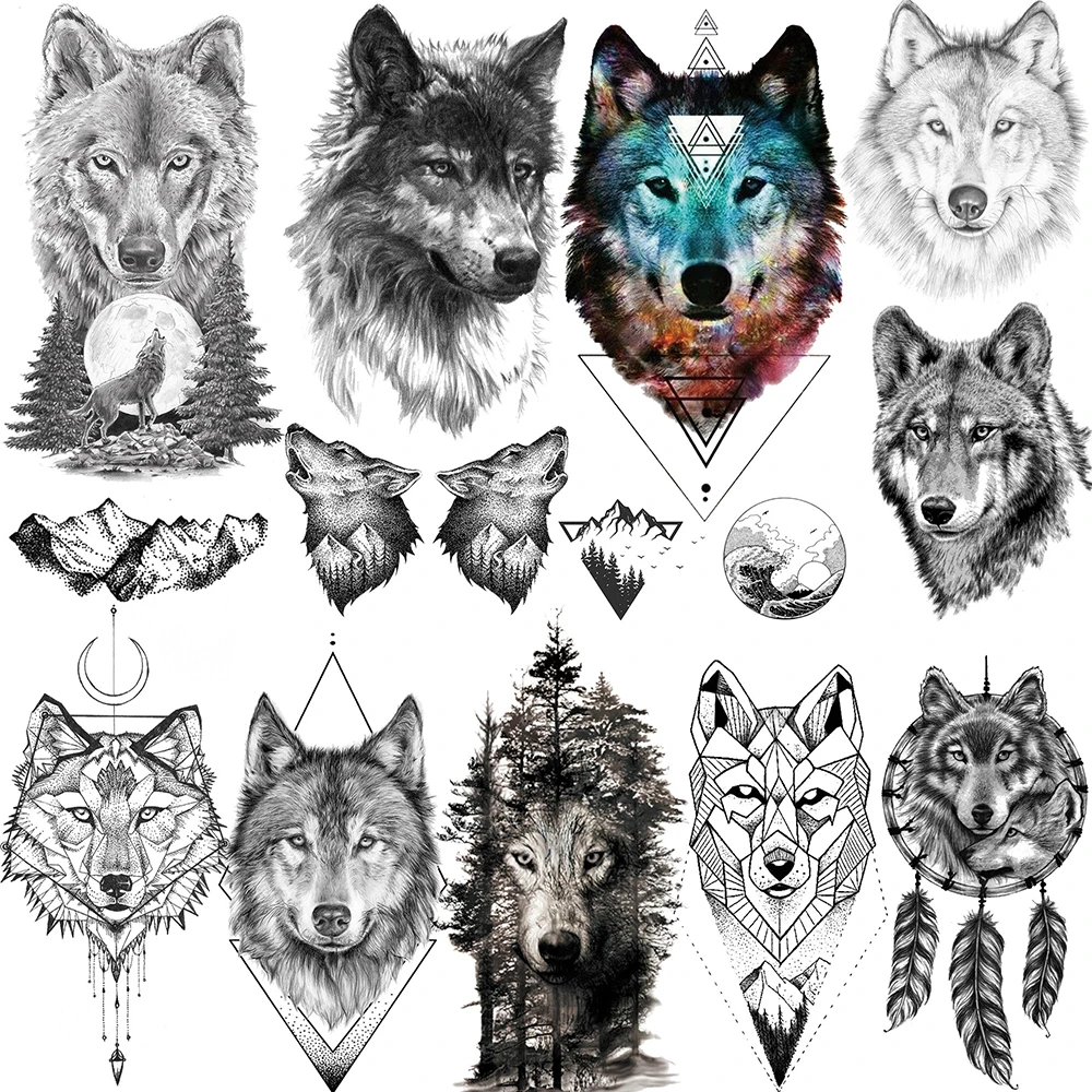 Ferocious Wolf Temporary Tattoos For Men Realistic Coyote Geometric ...