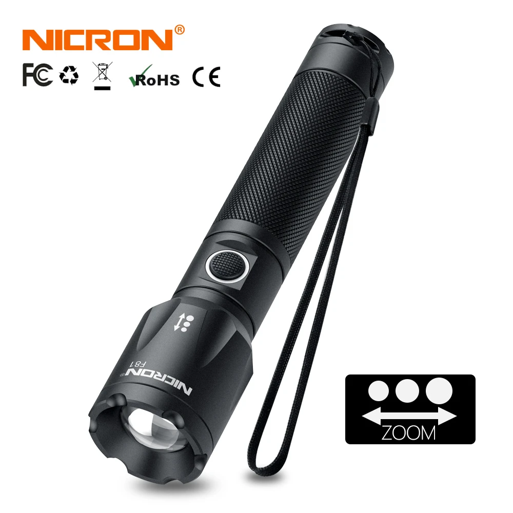NICRON F81 Focus LED Flashlight Zoomable Rechargeable 1000LM High Lumen ...