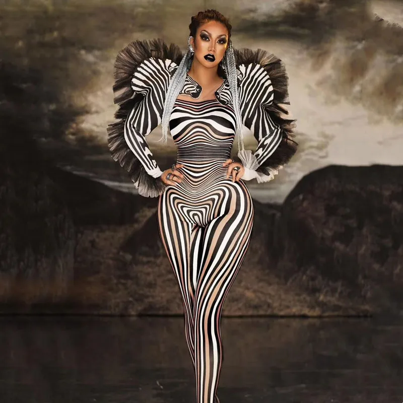 Halloween Women Nightclub Role Playing Costume Zebra Pattern Jumpsuit ...