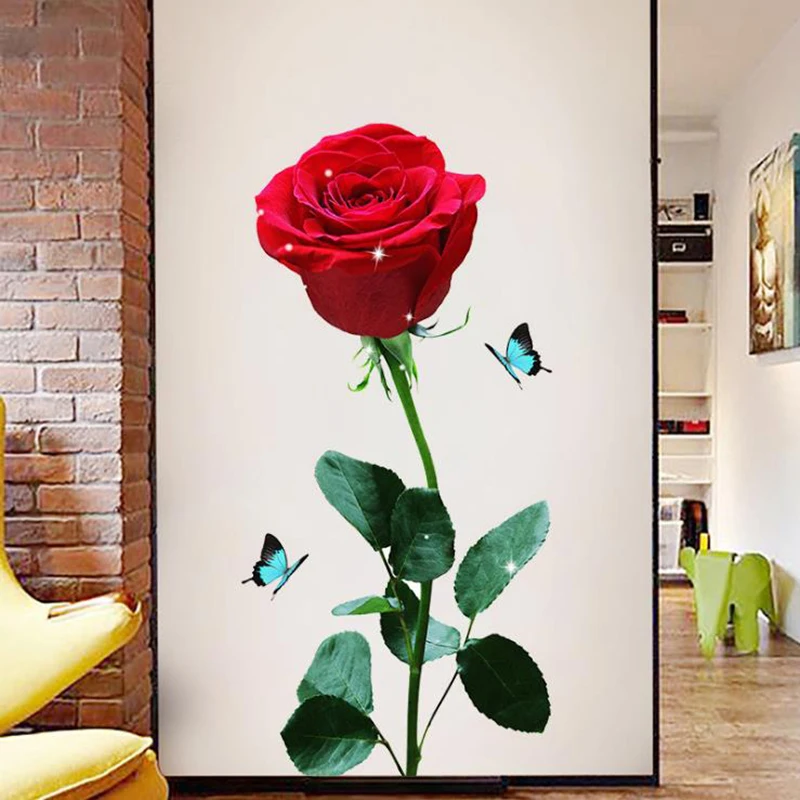 Romantic-Red-Rose-Flower-Wall-Stickers-Home-Decor-Green-Leaf-Butterfly ...