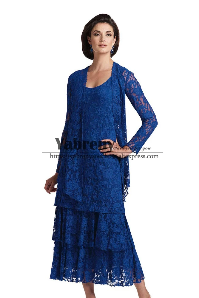 Tea length Royal blue Lace Mother of the bride dress with jacket|Mother ...