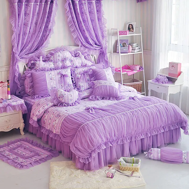 100%cotton Purple Floral Print Lace Princess Bedding Set Queen King ...