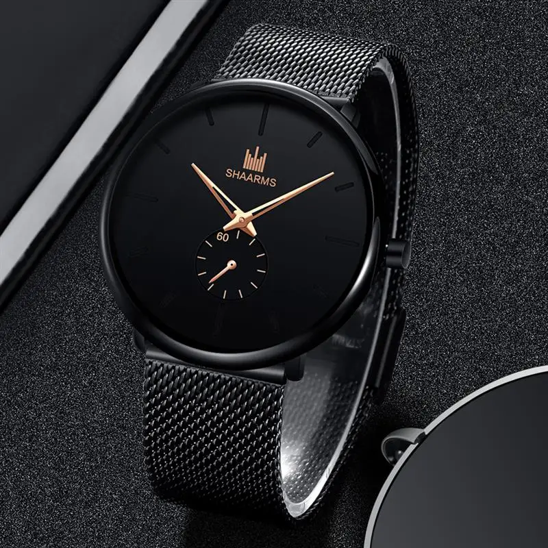 SHAARMS Men Business Watches Luxury Black Mesh Band Stainless Steel ...