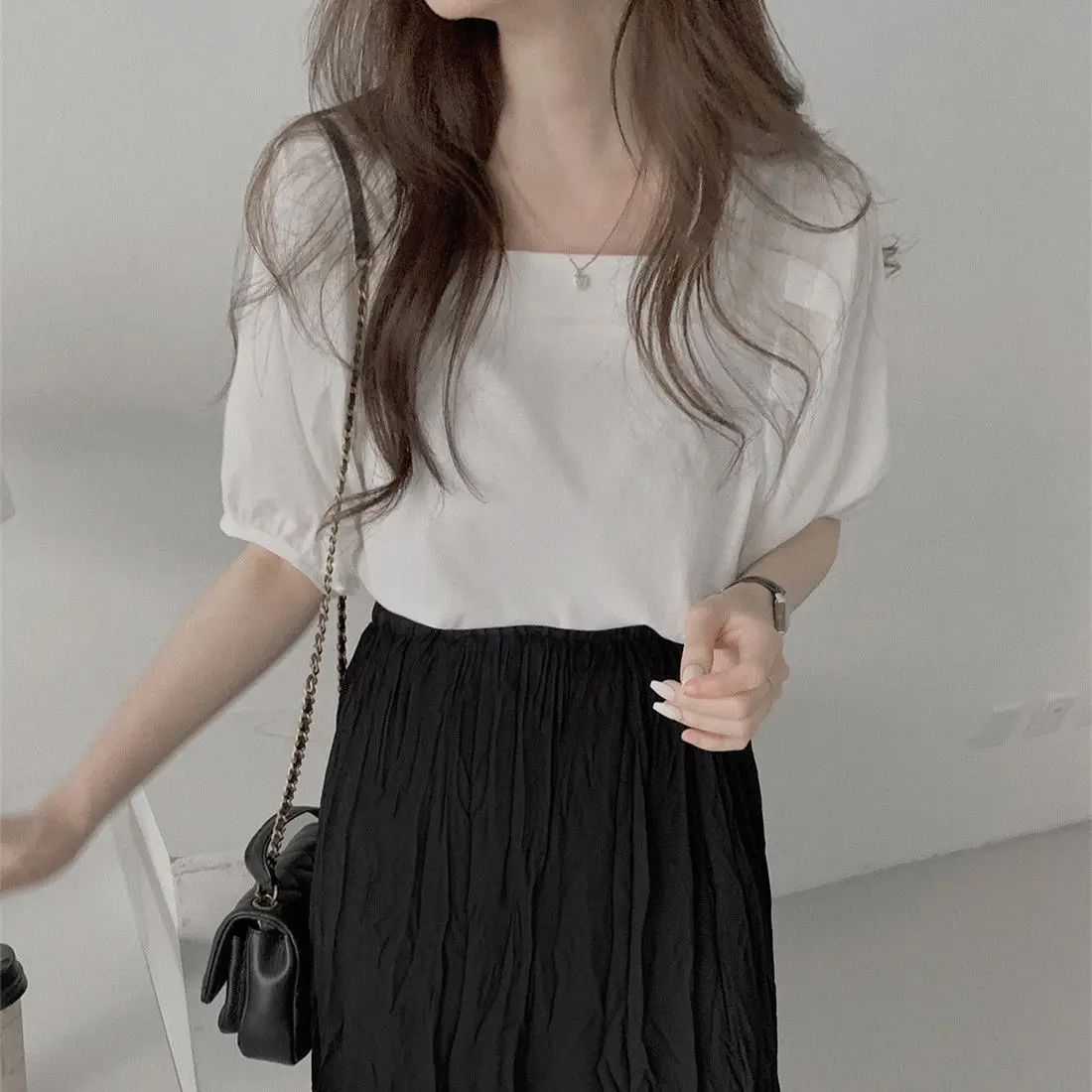 Chemise,Ulzzang-Chemisier à manches bouffantes pour femme,simple,uni ...