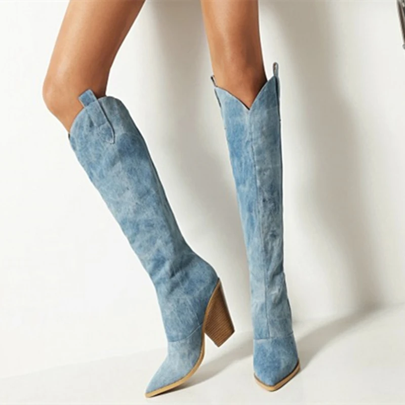 Light Blue Jeans Boots Casual | Blue Denim Thigh High Boots | Blue ...