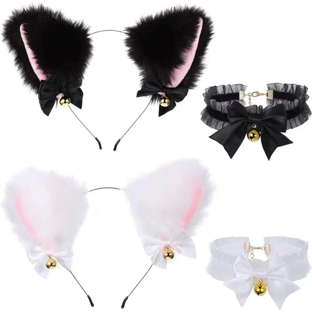 1set Cat Ear Headband With Bells Necklace Plush Furry Cat Ears Headwear ...