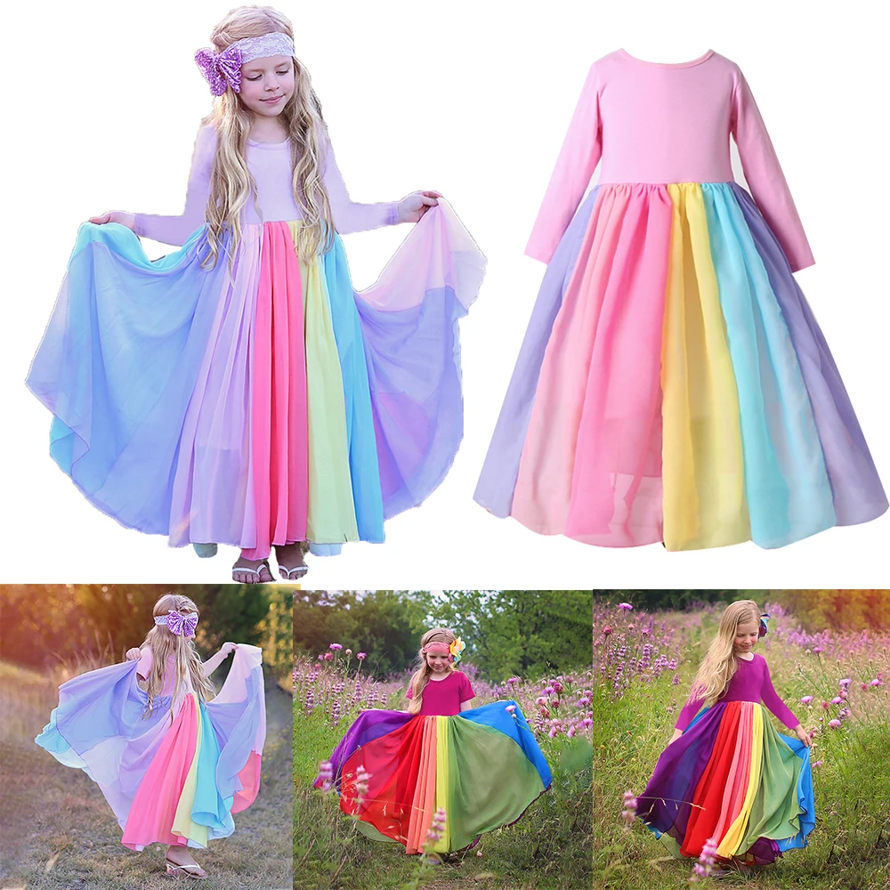 Girls Fashion Dress Rainbow Princess Dress For Girls Casual Clothing ...
