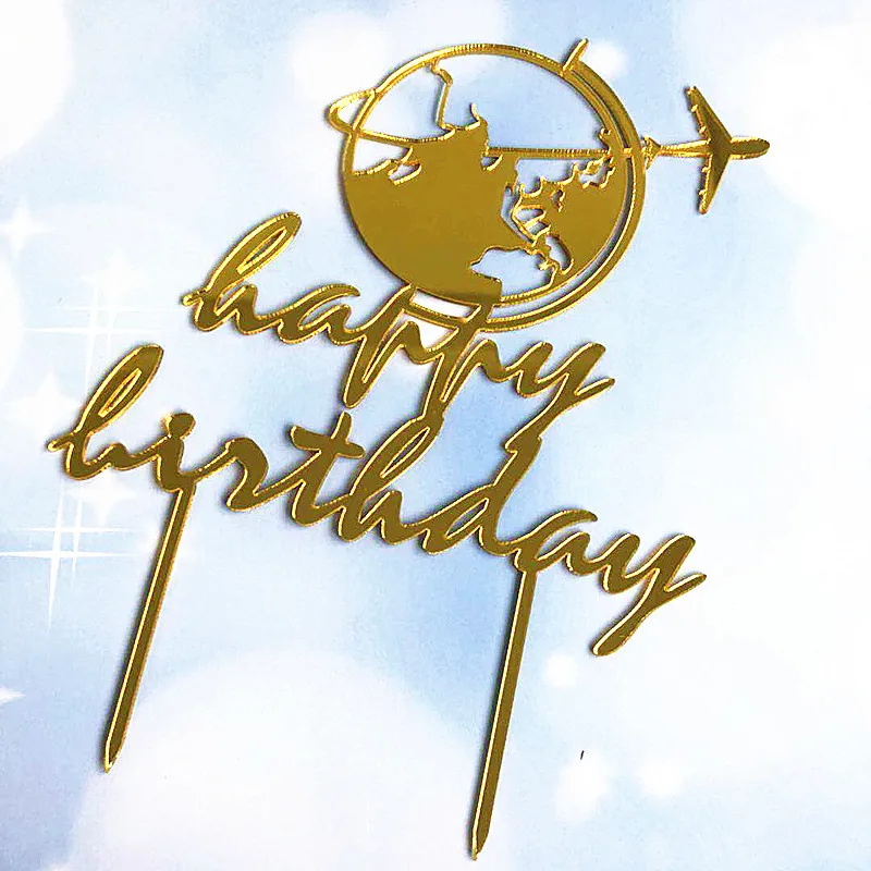 Travel Theme Happy Birthday Acrylic Cake Topper Gold Birthday Cake ...