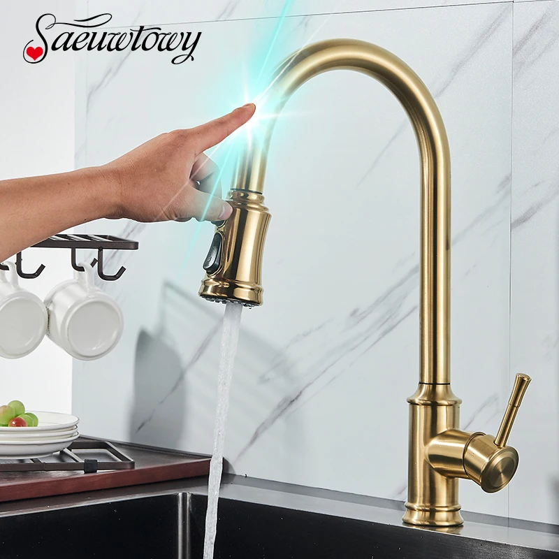 Brushed-Golden-Touch-Sensor-Kitchen-Faucet-Pull-Out-Smart-Sensor ...