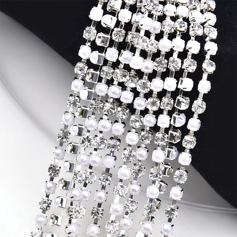 High-Quality-3Mm-Rhinestone-Pearl-Cup-Chain-Crystal-Diamond-Silver-Base ...