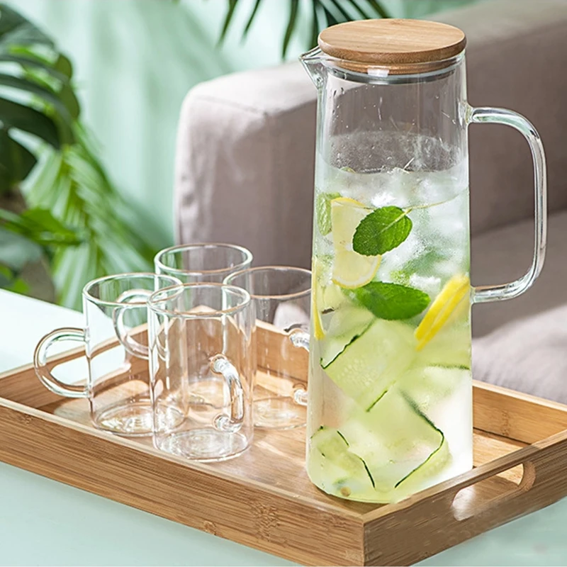 1.7l Glass Water Pitcher With Handle And Bamboo Lid Drip-free Tea ...