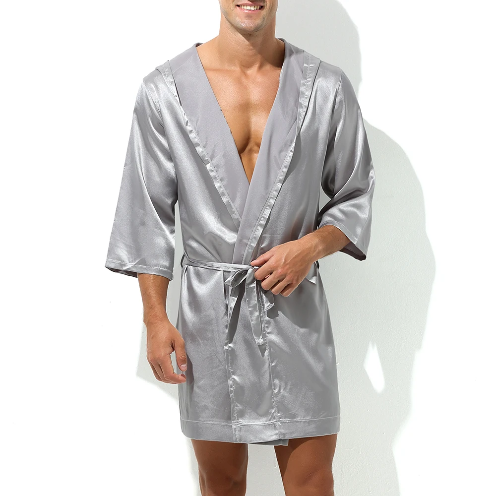 Men Hooded Robe Silk Satin Night Gown Sleep Bathrobe Matching Couple ...