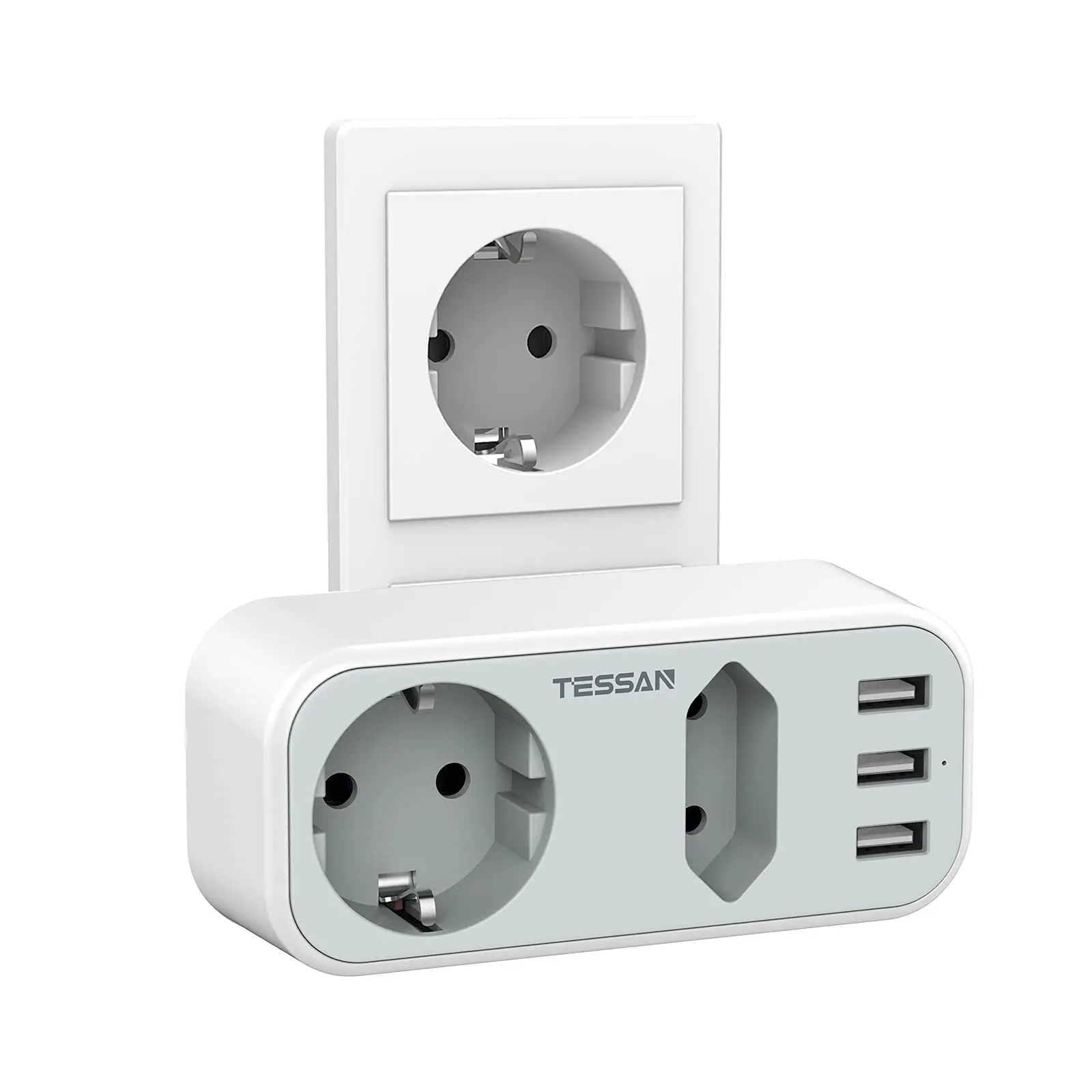 TESSAN 5 in 1 Doppel Stecker für Sockel, Mehrere Buchse mit 3 USB Ports ...