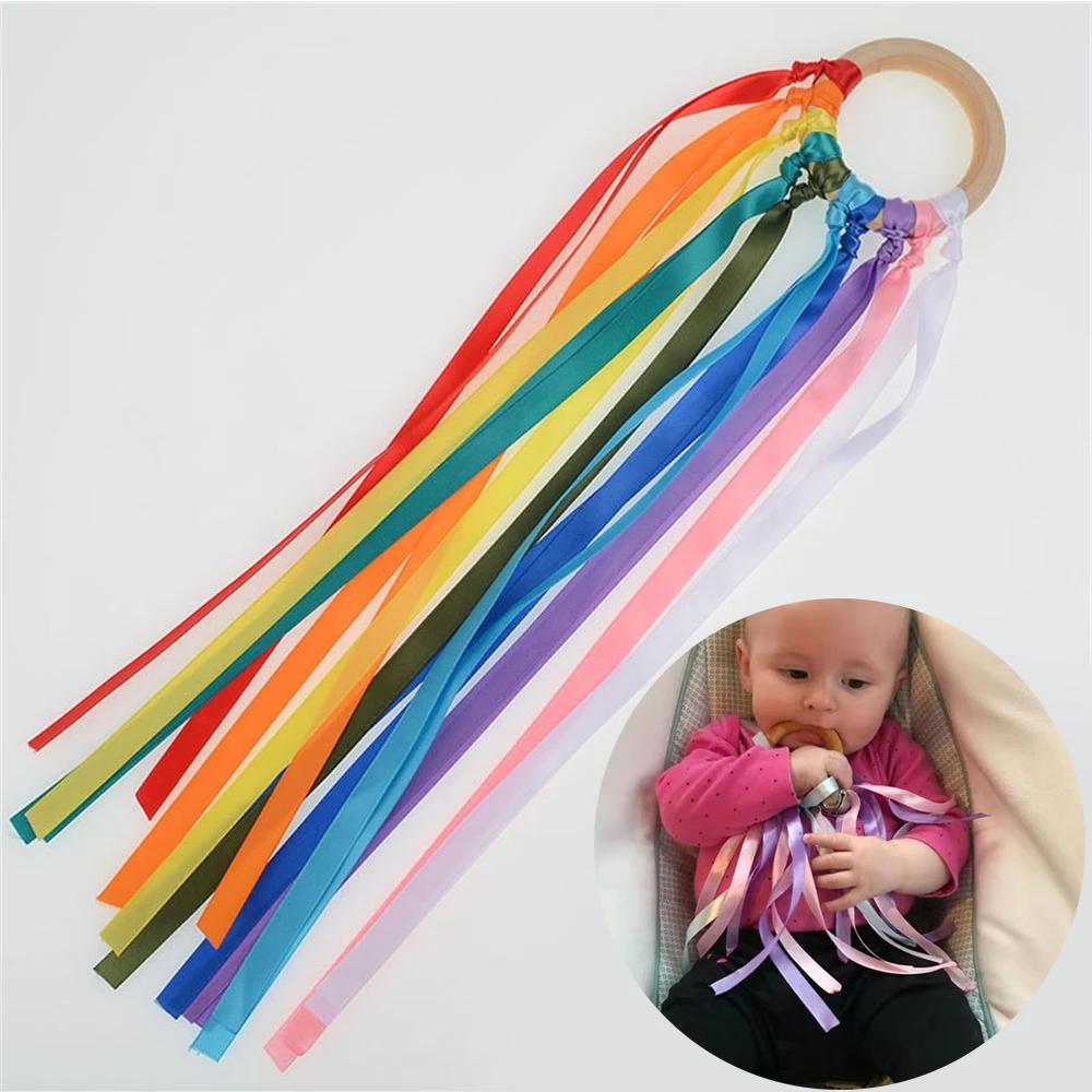 1PC Baby Wooden Toys Sensory Play Ribbon Wooden Ring Rainbow Pink White ...