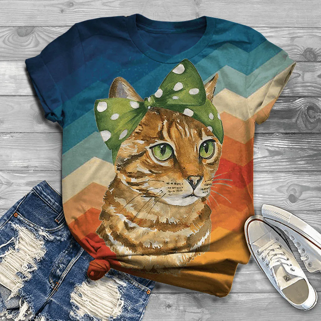 Cat T shirt Lady Women Short Sleeve T Shirt 3d Animal Printed O neck ...