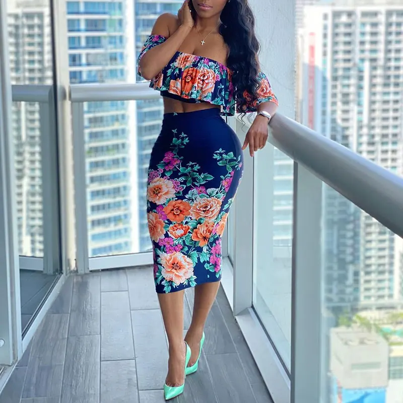 Women Two Piece Set Tropical Print Off Shoulder Top & Midi Bodycon ...