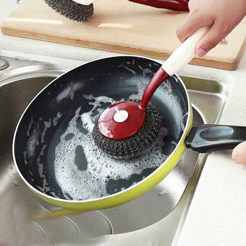 Kitchen long handle steel ball wash pot brush dish brush strong ...