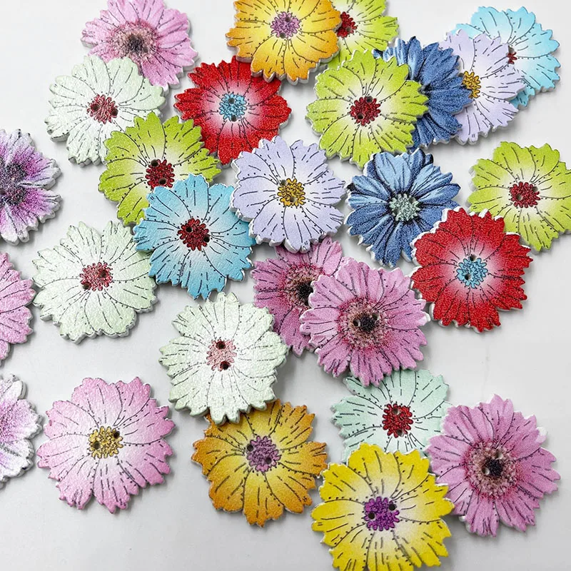 25PCS-25MM-Sunflower-Mixed-Flower-Painted-Wooden-Buttons-Decorative ...