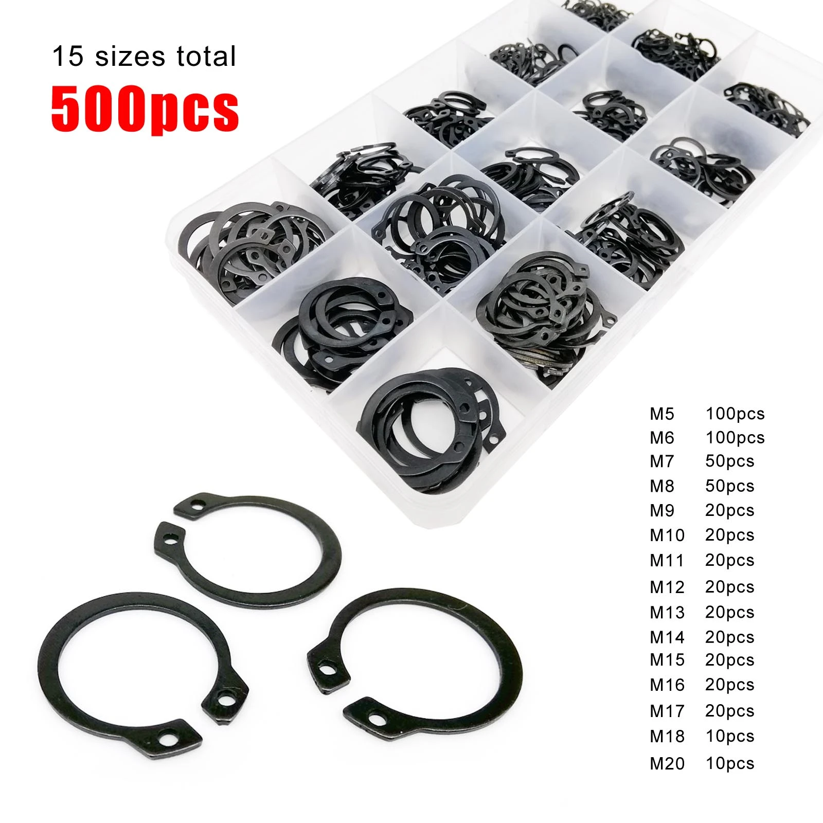 250/500pcs Assortment Kit Set 5 20mm GB894 Black 65mn Steel Retaining Clip Snap Ring C Type ...