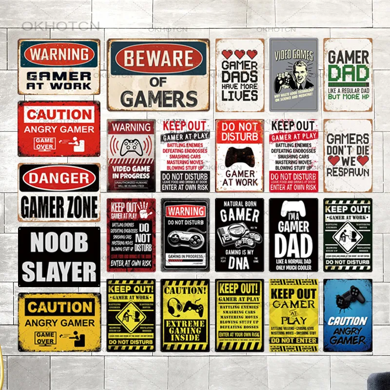 Funny Gamer Metal Sign Tin Sign Gamer At Work Sign Retro Signs Wall ...