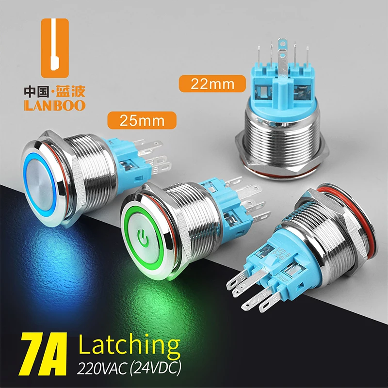 22MM 자동 복구 LED 3V 5V 6V12V 24V 220 250V 금속 버튼 스위치, 순간 버튼 자동 리셋 LED 방수 ...