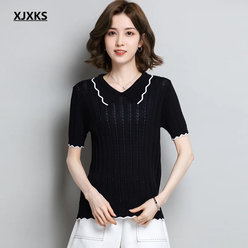 XJXKS 라펠 반팔 여성 티셔츠, 2021 년 여름 새로운 스타일 고탄성 편안하고 얇은 니트 탑, 여성 티셔츠|티셔츠 ...