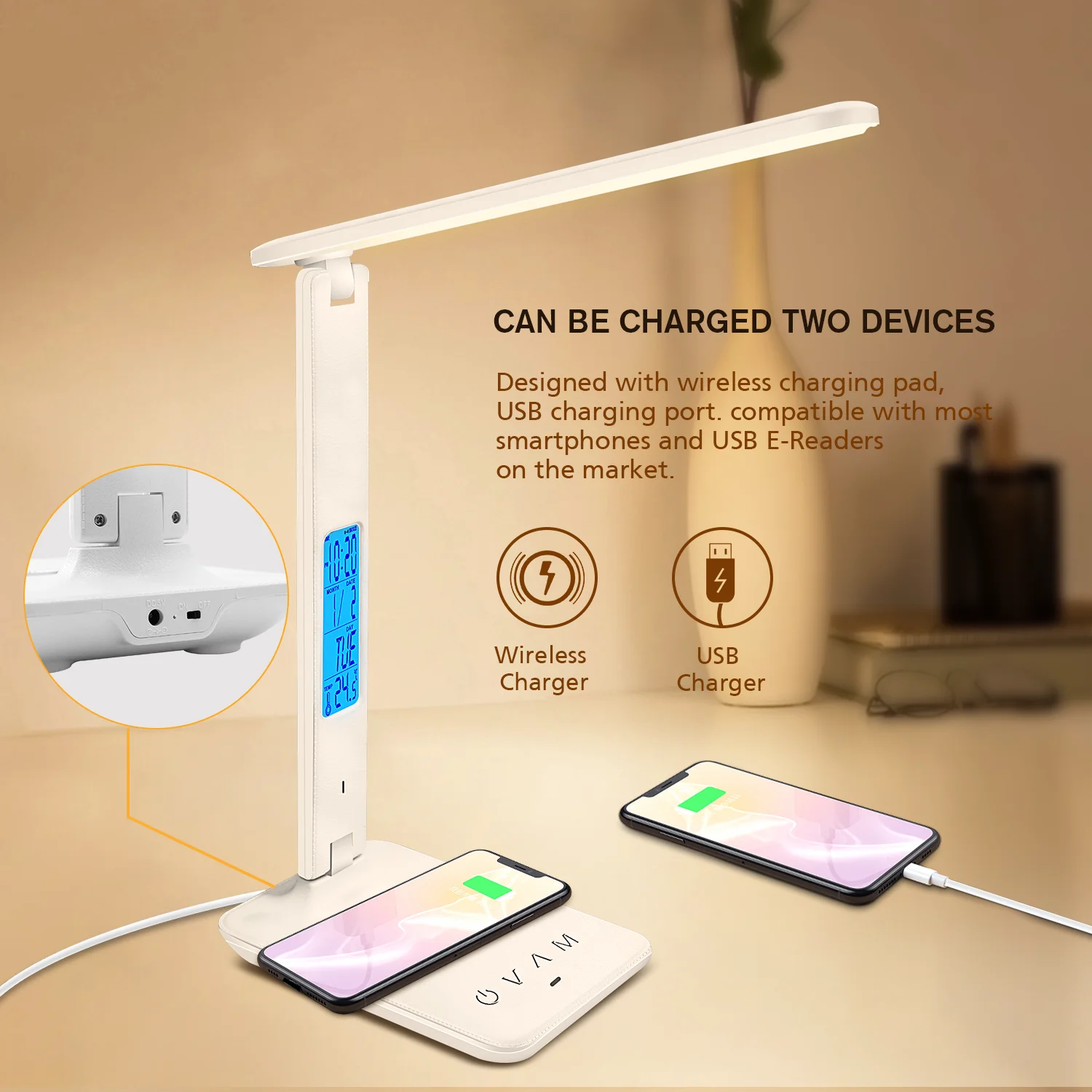 Hot Qi Wireless Charging Led Desk Lamp 10w With Calendar Temperature ...