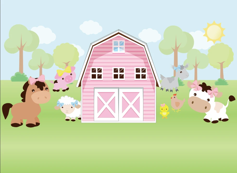 7x5ft Light Pink Farm Cottage Barn Barnyard Garden Animals Cow Horse ...