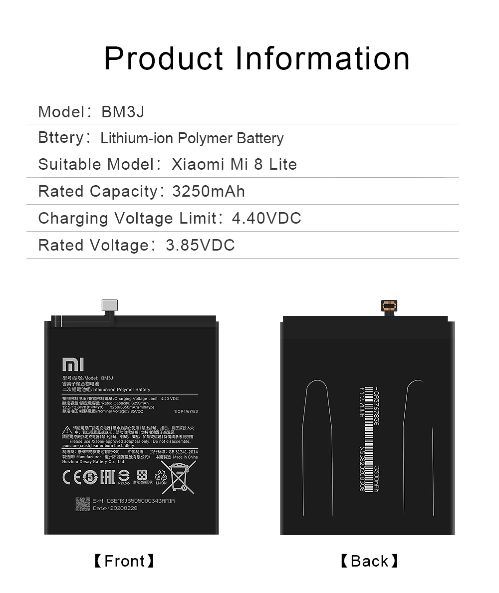 Xiaomi MI8 Lite Original Battery BM3J 3350 mAh for Xiaomi MI8 Lite High ...