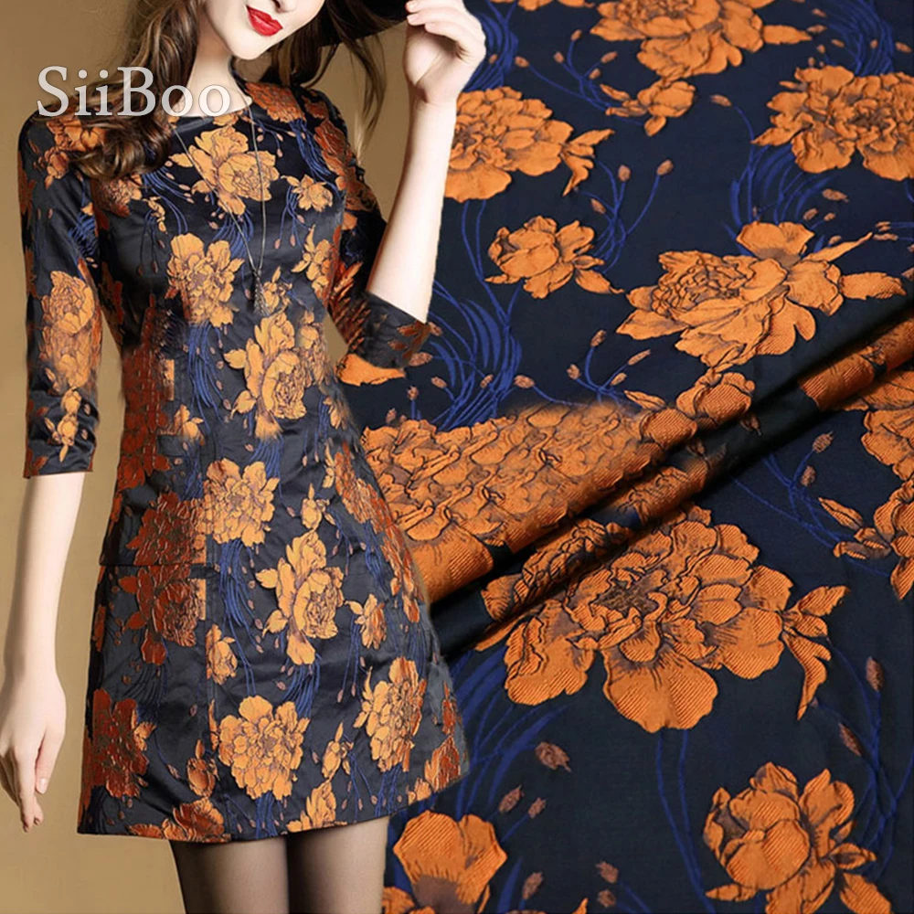 Tecido jacquard brocado estilo americana, preto com laranja floral ...