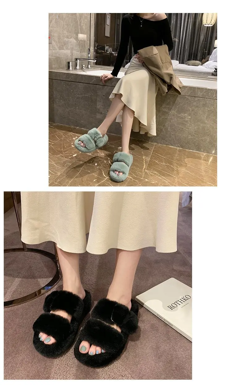 Chaussons,Pantoufles d'hiver en fourrure à semelle compensée pour ...