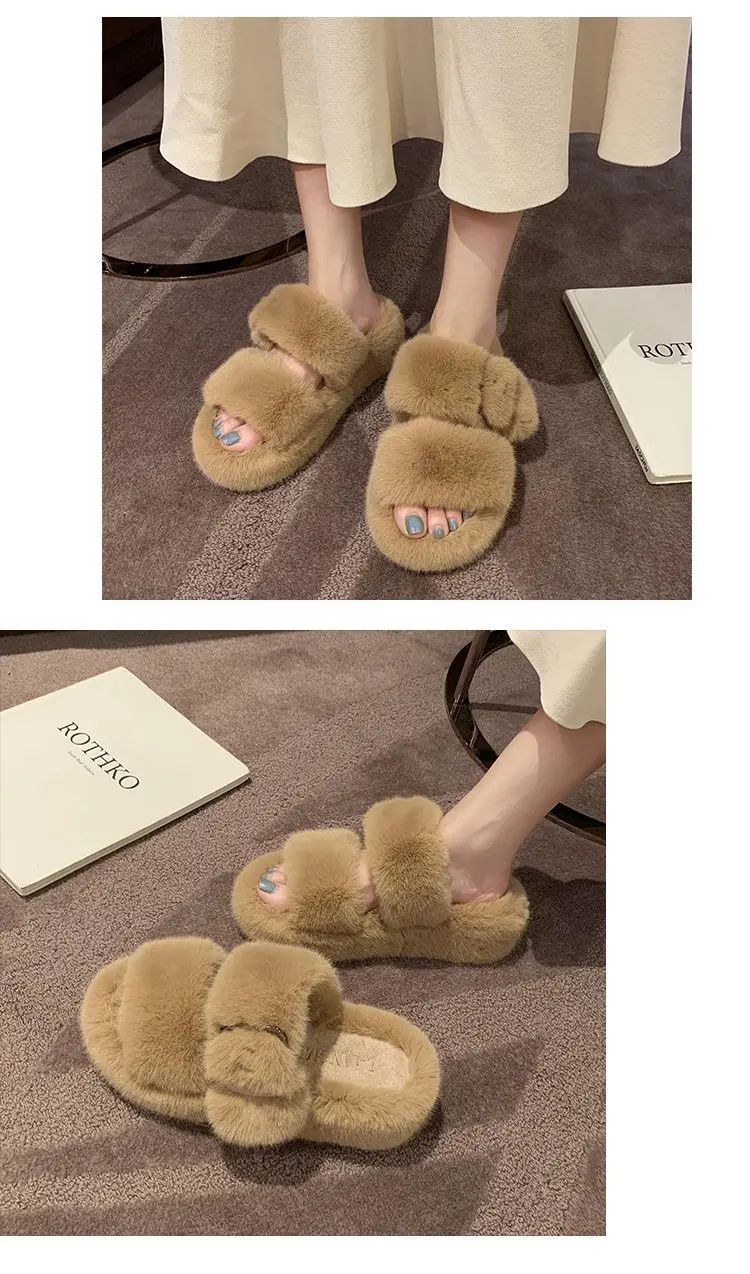 Chaussons,Pantoufles d'hiver en fourrure à semelle compensée pour ...