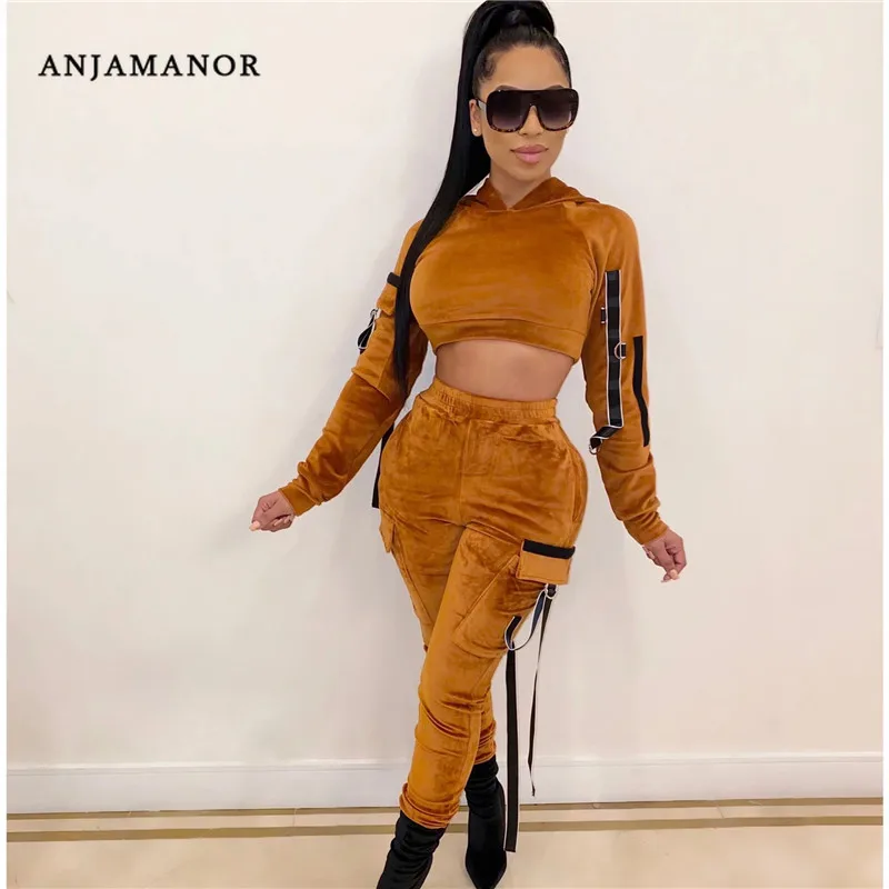 ANJAMANOR бархатный сексуальный спортивный костюм женские толстовки с ...