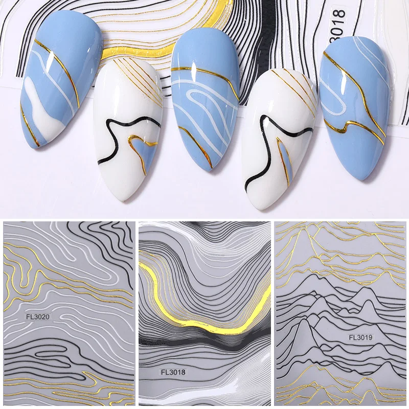 3D Nail Marble Geometric Stickers Adhesive Decals 3D Gold Black Lines ...
