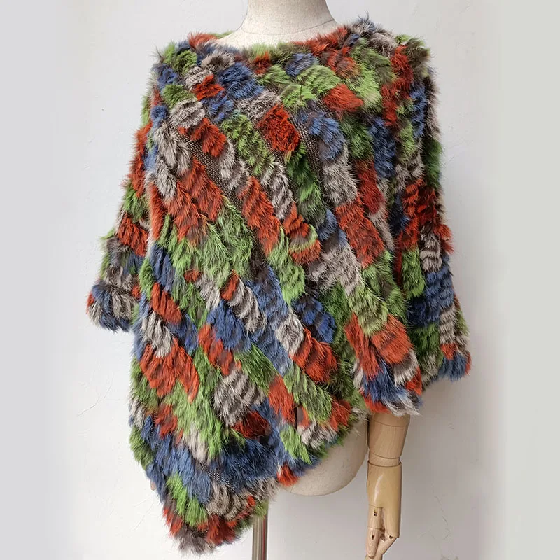 Poncho-de-piel-de-conejo-aut-ntica-para-mujer-chal-triangular-de-punto ...