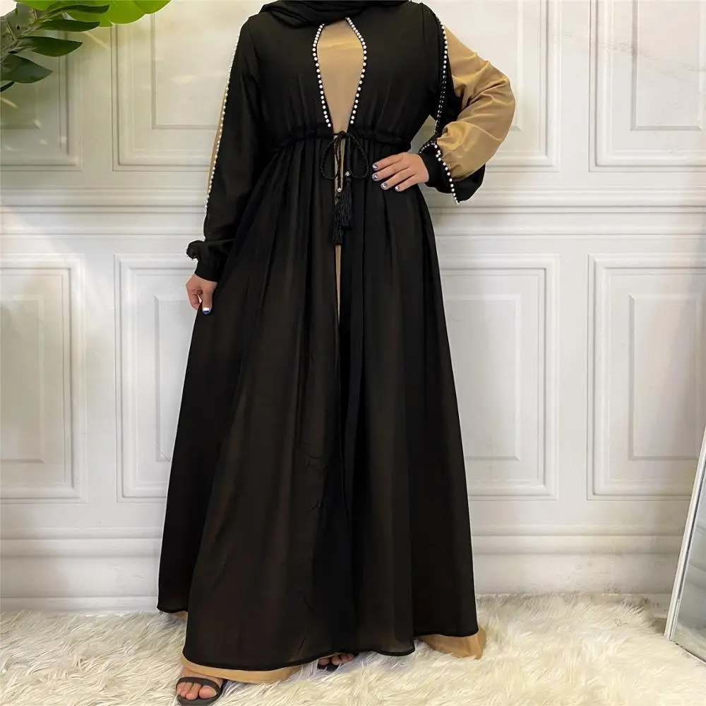 Elegant 2 Piece set Adult Modest Muslim Abaya Arab Robe Patchwork Black ...