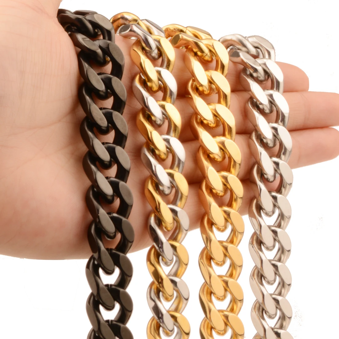 9/11/13/15mm Silver Gold Black Stainless Steel Men's Chain Curb Cuban ...