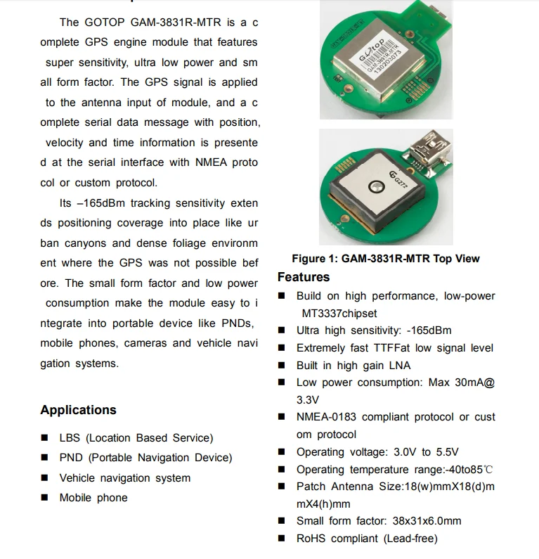 중국 Gotop GAM 시리즈 모듈 GAM-3831R-MTR 38 * 31mm 크기 GPS 시스템 모듈 GPS 추적기 차량용 ...
