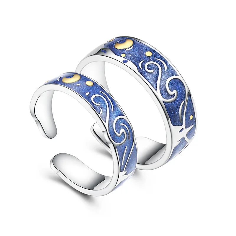 New Van Gogh Starry Sky Plated Open Lover Adjustable Rings Blue Starry ...