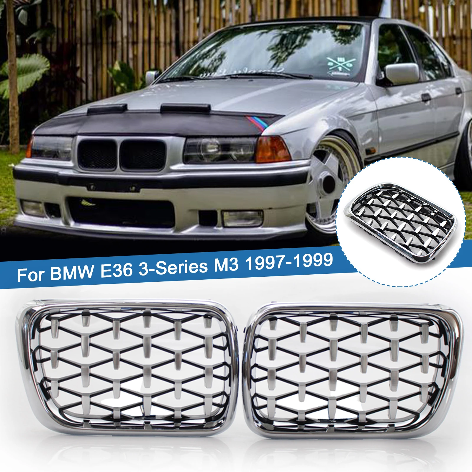 1pair Chrome Silver Car Front Kidney Bumper Grilles Diamond Style ...