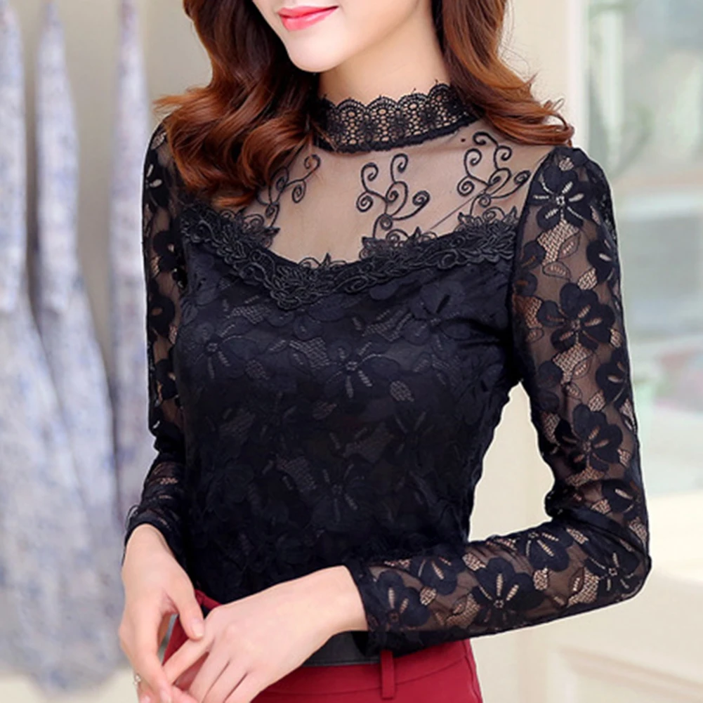 Blusa de manga larga con encaje Floral para mujer, blusa ajustada de ...