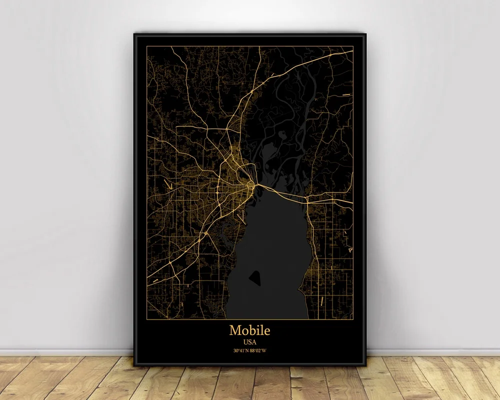 Mobile-USA-Black-Gold-City-Light-Maps-Custom-World-City-Map-Posters ...