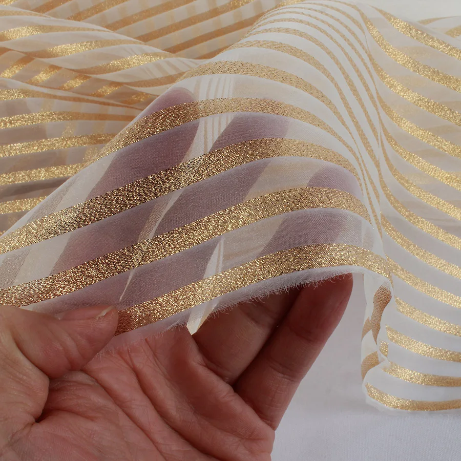 Gold Stripes Glitter Flocking Organza Fabric Dress Making 150cm Wide ...