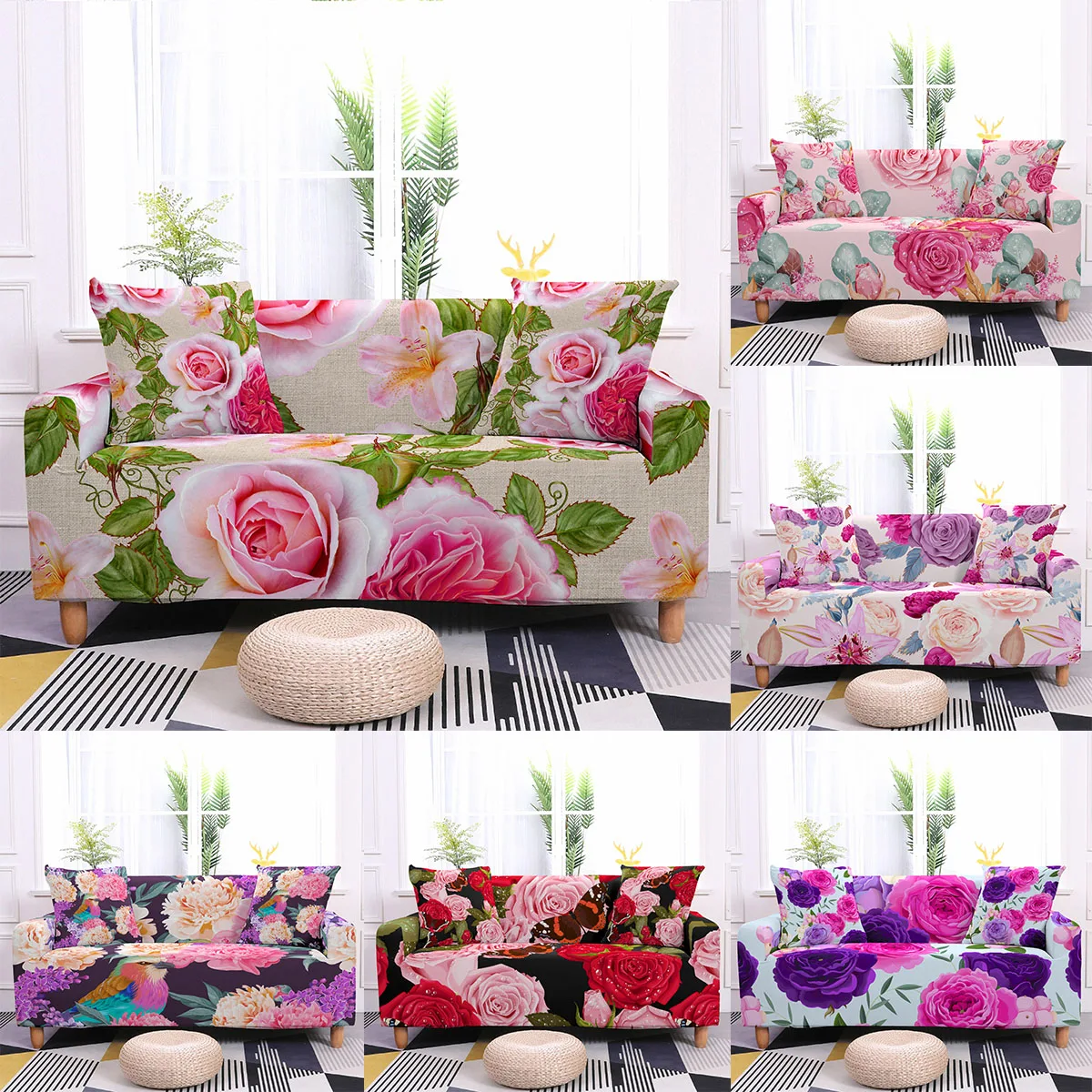 Pink Rose Printed Couch Cover Elastic Sofa Slipcovers Sofa Chair ...