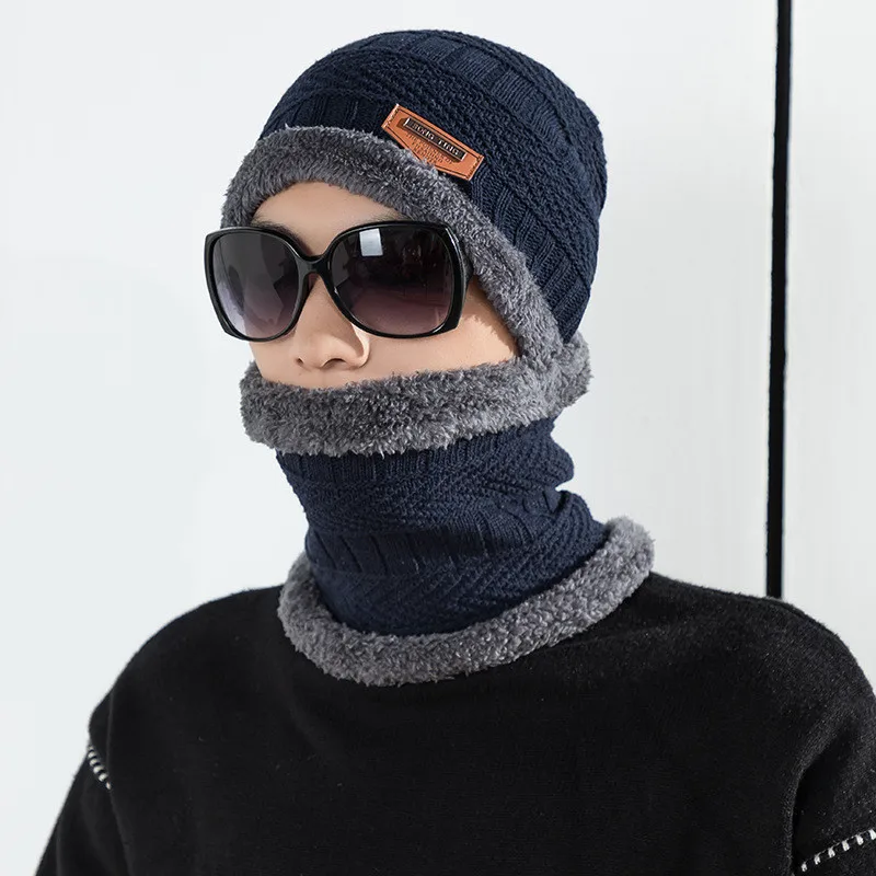 Ski Cap & Scarf Set Unisex Warm Leather Warm Winter Hats Men Women ...