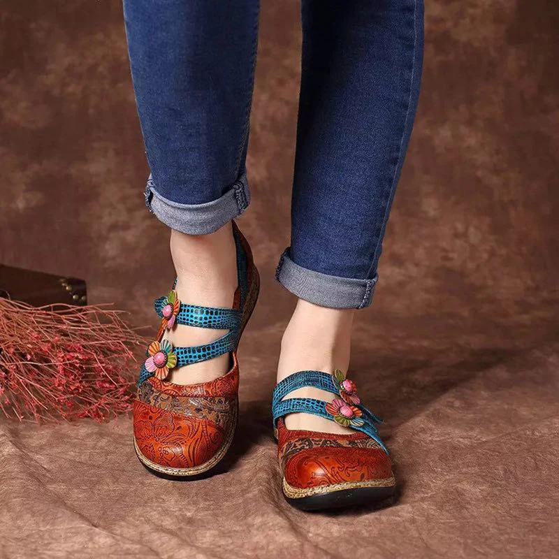 Women's Retro Floral Leather Mosaic Color Casual Flat Shoes